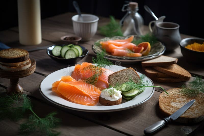 A Traditional, Scandinavian Breakfast Spread, with an Array of Smoked ...