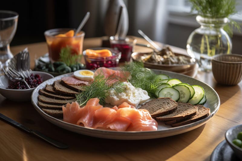 A Traditional, Scandinavian Breakfast Spread, with an Array of Smoked ...