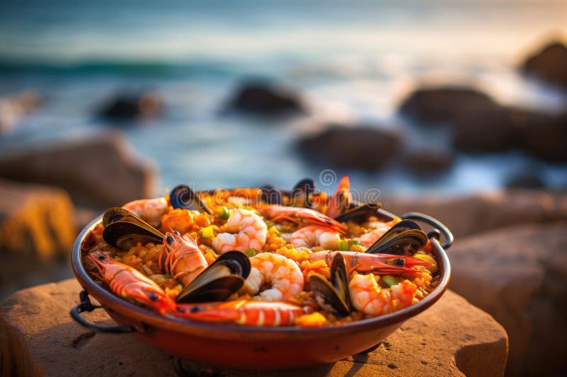 Traditional Seafood Paella in the Pan on a Table by the Sea. Generative ...