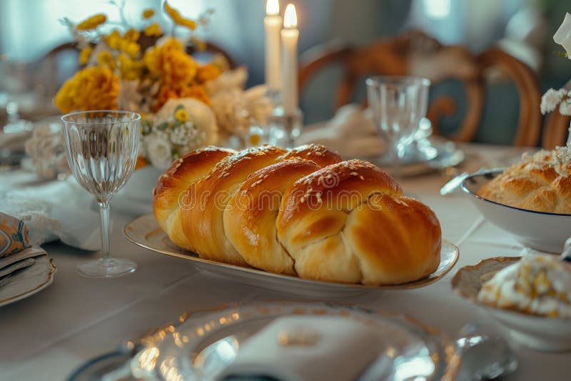 A Traditional Shabbat Table Setting Stock Image - Image of bread, table ...