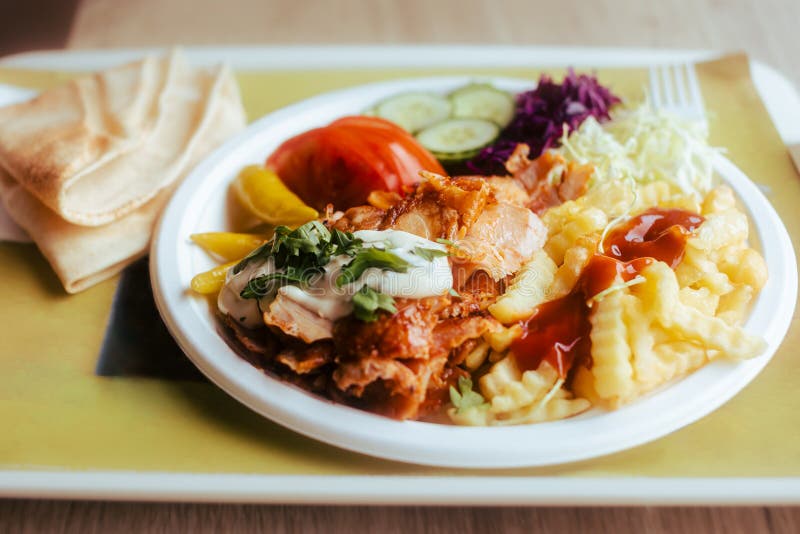 Fast Food Main Course on a Disposable Plate with Flat Bred Stock Photo ...