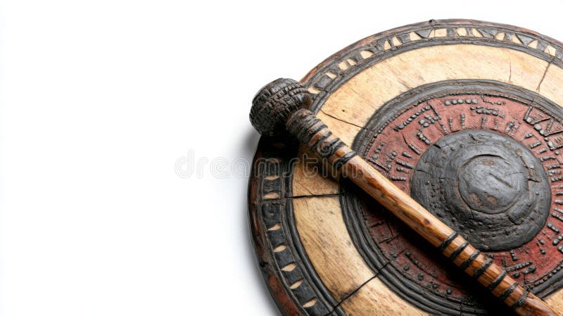 A Traditional Shield with Intricate Patterns Rests beside a Ceremonial ...