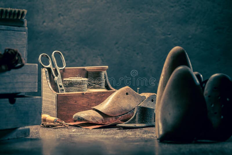 Traditional Shoemaker Workshop with Tools, Laces and Shoes Stock Photo ...