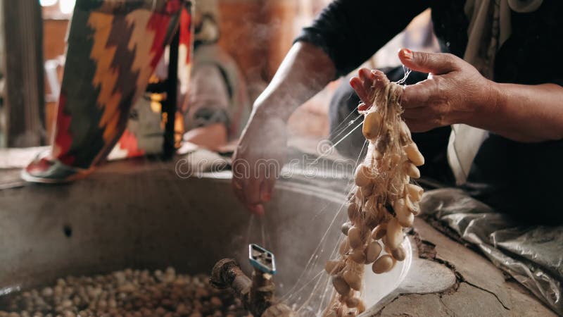 Traditional Silk Production. Processing Boiling Silkworm Cocoons in Hot ...