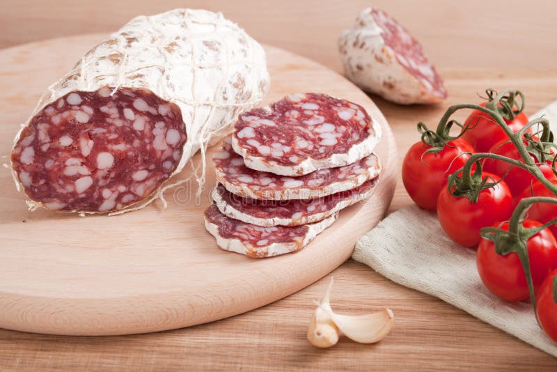 Traditional Sliced Salami with Garlic and Herbs Stock Image - Image of ...