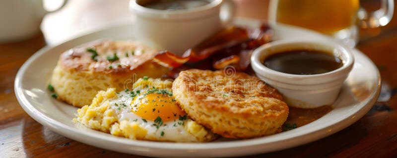 A Traditional Southern Breakfast with Biscuits and Gravy, Scrambled ...