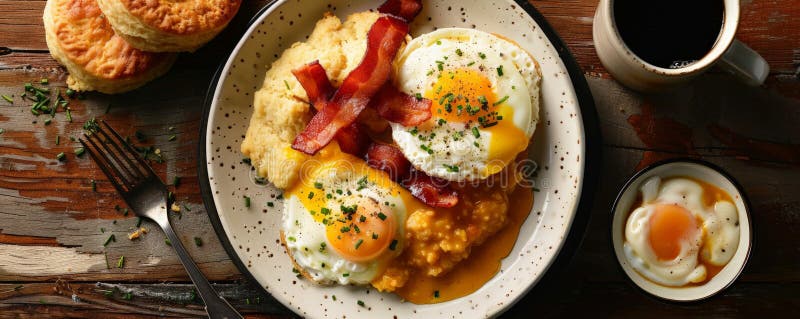 A Traditional Southern Breakfast with Biscuits and Gravy, Scrambled ...