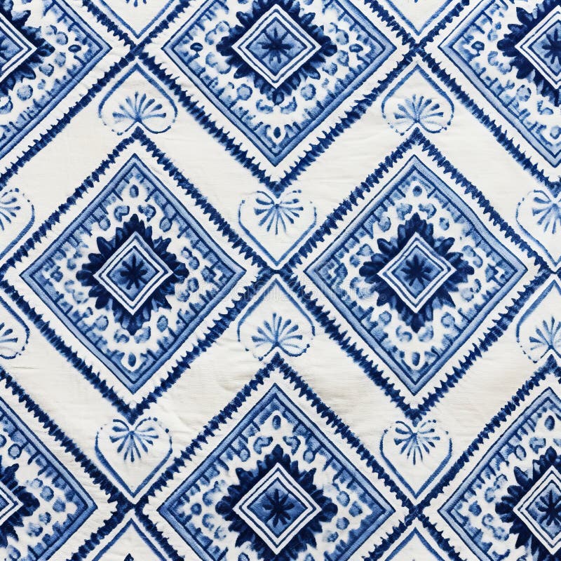 Authentic Blue and White Diamond Design Fabric with Detailed Marine ...