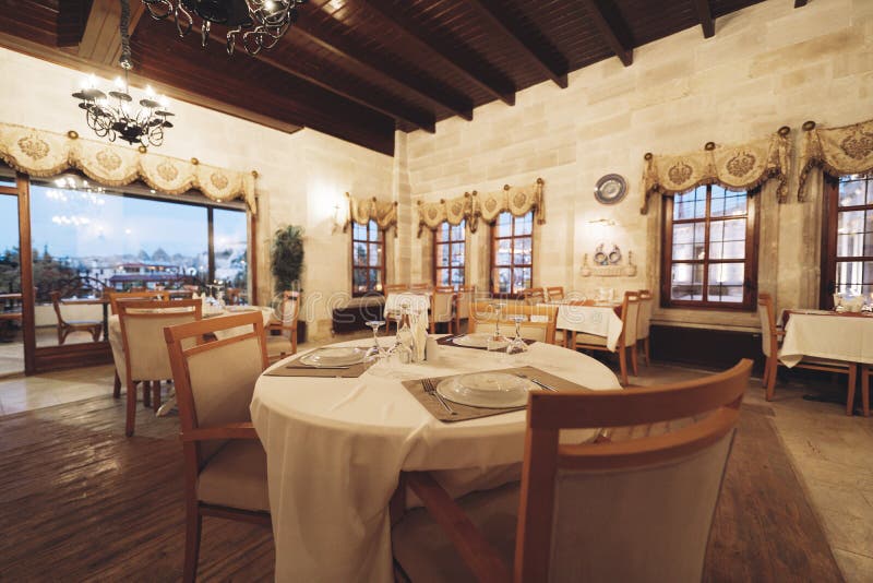 Traditional Spacious Interior of Modern Empty Large Restaurant with ...