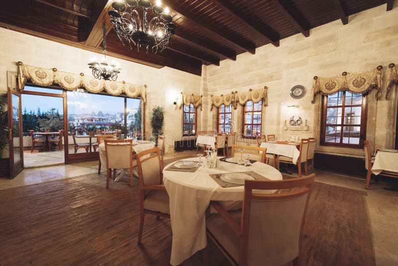 Traditional Spacious Interior of Modern Empty Large Restaurant with ...