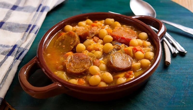 Traditional Spanish Chickpea Stew with Chorizo and Potatoes in a Rustic ...