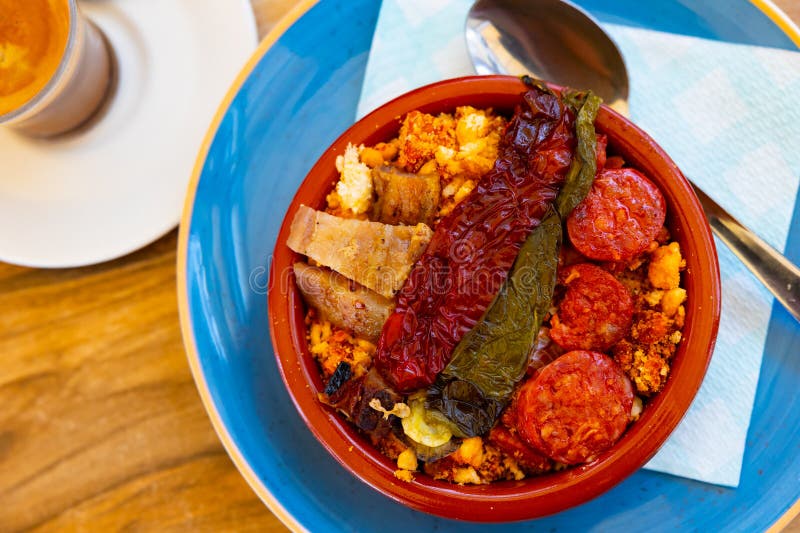 Spanish Dish Migas Served on Table in Bowl Stock Photo - Image of meat ...