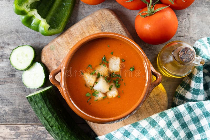 Traditional Spanish Gazpacho Soup in Bowl on Wooden Table Stock Image ...