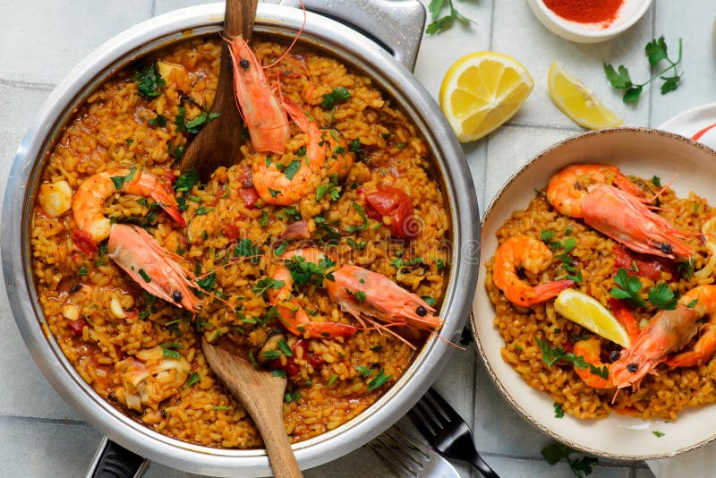 Traditional Spanish Paella with Seafood in a Frying Pan. .top View ...
