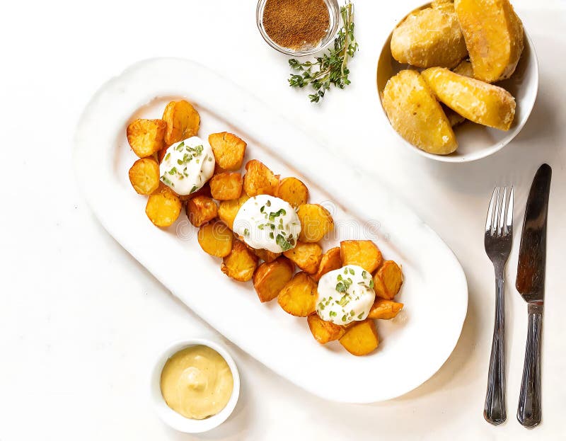 Traditional Spanish Patatas Bravas Served on a White Plate with Sauce ...