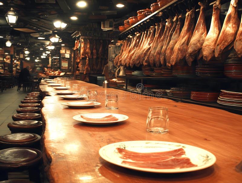 Spanish Tapas Bar with Hanging Cured Hams Stock Illustration ...