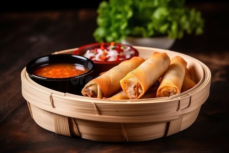 Traditional Spring Rolls on a Wooden Rustic Table. Asin Cousine Concept ...