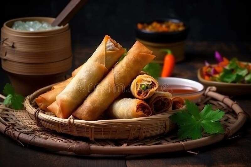 Traditional Spring Rolls on a Wooden Rustic Table. Asin Cousine Concept ...