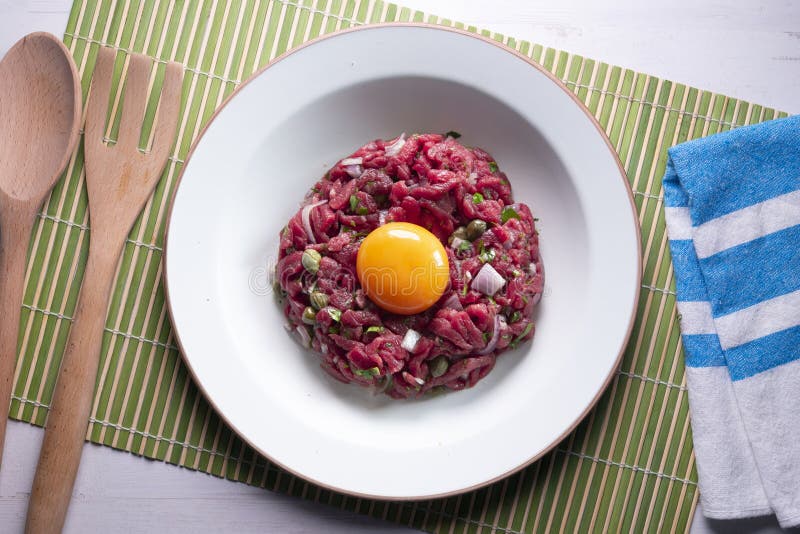 Traditional Steak Tartare with Beef and Egg Yolk. Traditional Spanish ...