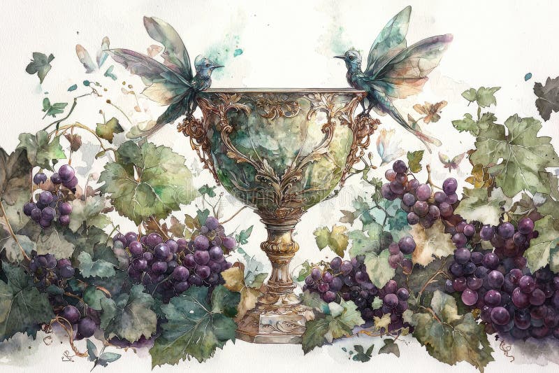 Traditional Still Life Composition with Grapes, Birds, and a Wine Glass ...