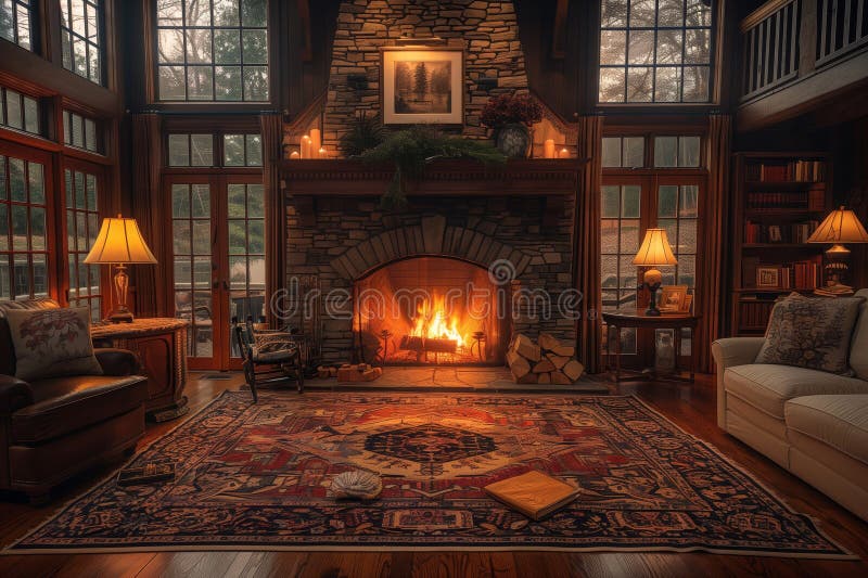 Traditional Stone Fireplace in a Grand Library Stock Photo - Image of ...