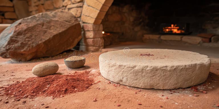 Traditional Stone Grinding Setup in a Rustic Kitchen with Natural ...