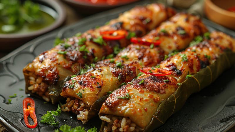 Traditional Stuffed Grape Leaves with Rice and Meat Stock Illustration ...