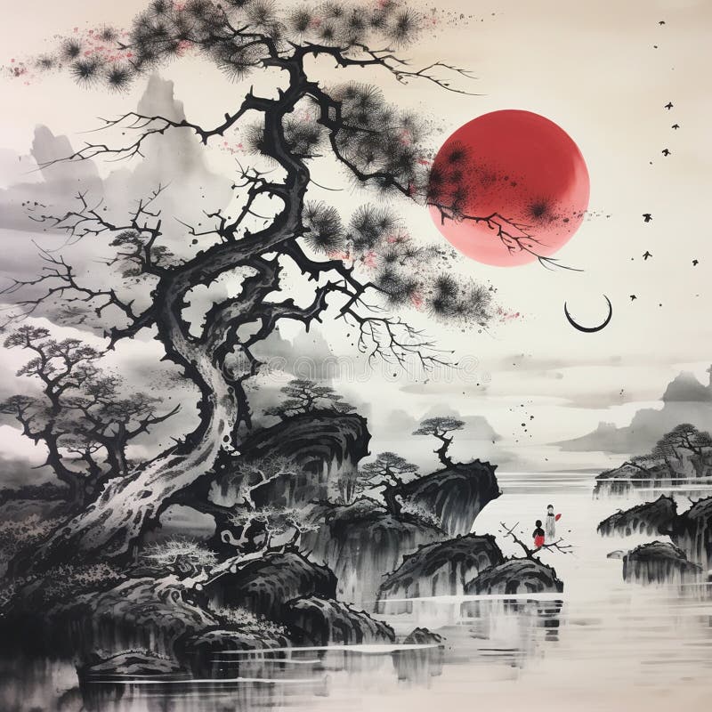 Traditional Sumi-e Painting Stock Illustration - Illustration of ...