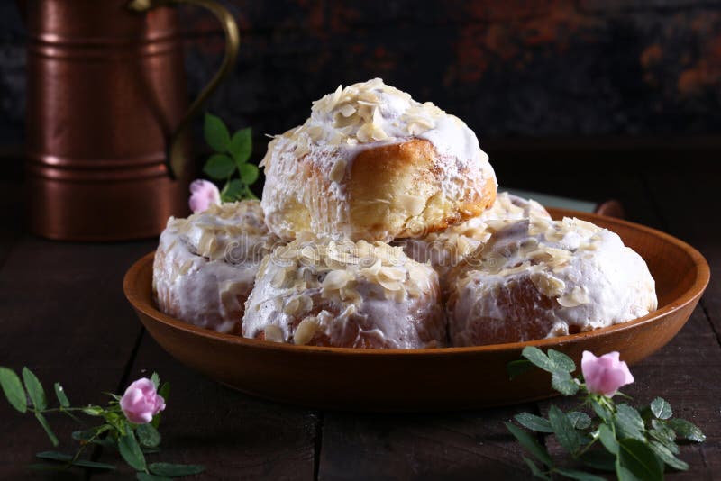 Cinnabon buns with icing stock photo. Image of dessert - 183605060