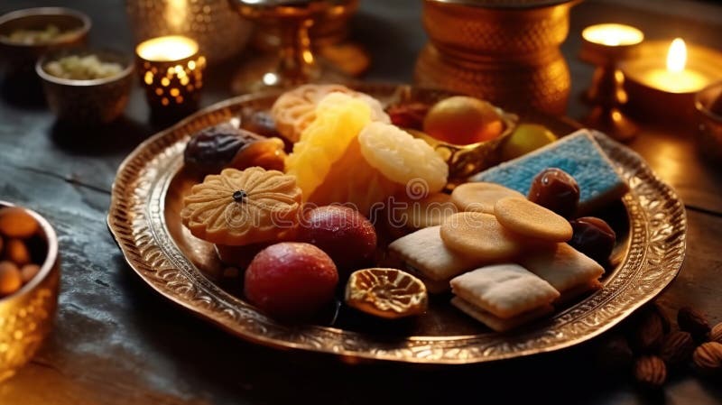 Traditional Sweets on a Golden Plate Stock Illustration - Illustration ...