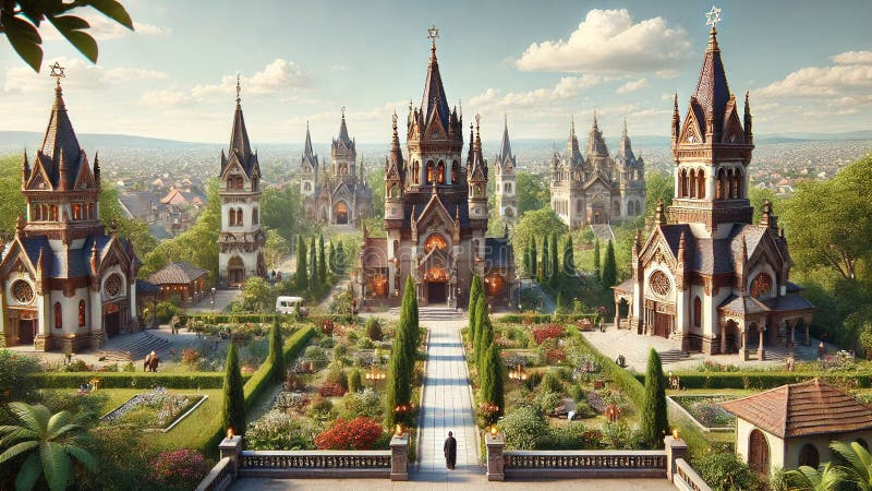 Traditional Synagogues in a Serene Landscape Stock Illustration ...