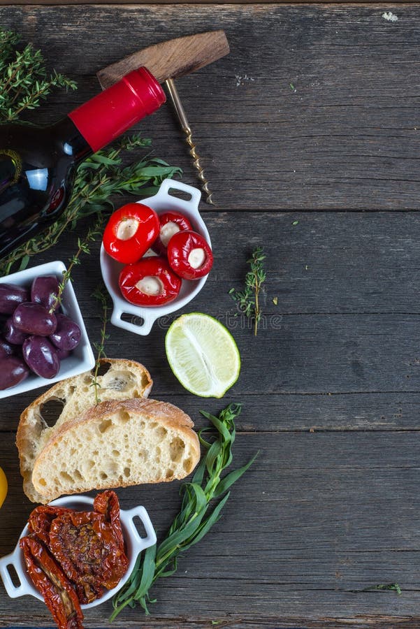 Traditional Tapas Buffet on Wooden Table from Above Stock Photo - Image ...