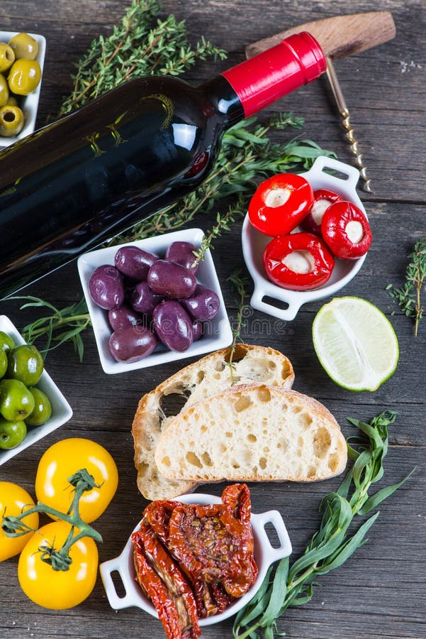 Traditional Tapas Buffet on Wooden Table from Above Stock Photo - Image ...