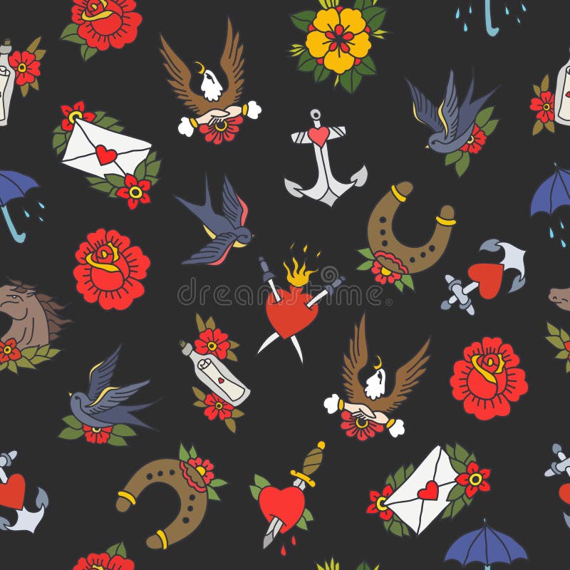 Traditional Tattoo Flash Seamless Doodle Pattern, Vector Illustration ...