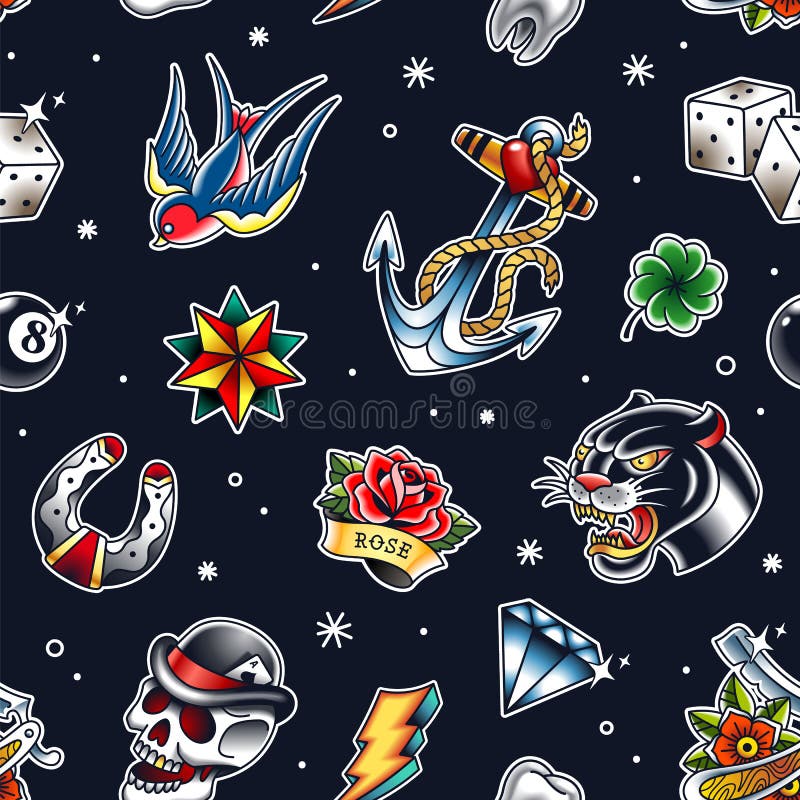 Old School Tattoo Vector Seamless Pattern Stock Vector - Illustration ...