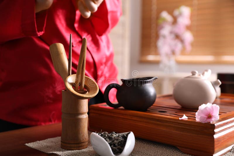 Traditional Tea Ceremony. Master Near Tray with Tools, Closeup Stock ...