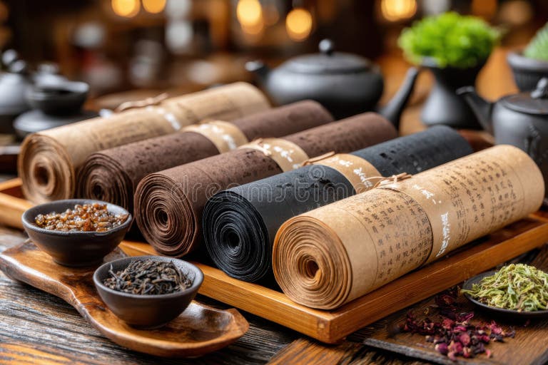 Traditional Tea Preparation Setting with Assorted Tea Types and Tools ...