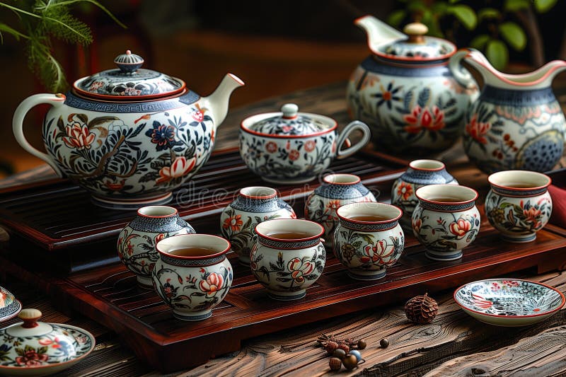 Traditional Tea Set Displayed on Rustic Wooden Table with Delicate ...