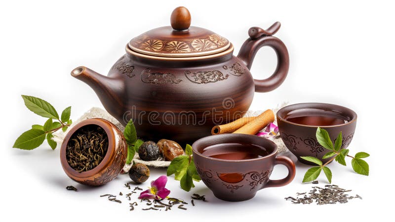 Traditional Tea Set with Loose Leaves, Cinnamon, and Fresh Herbs on ...