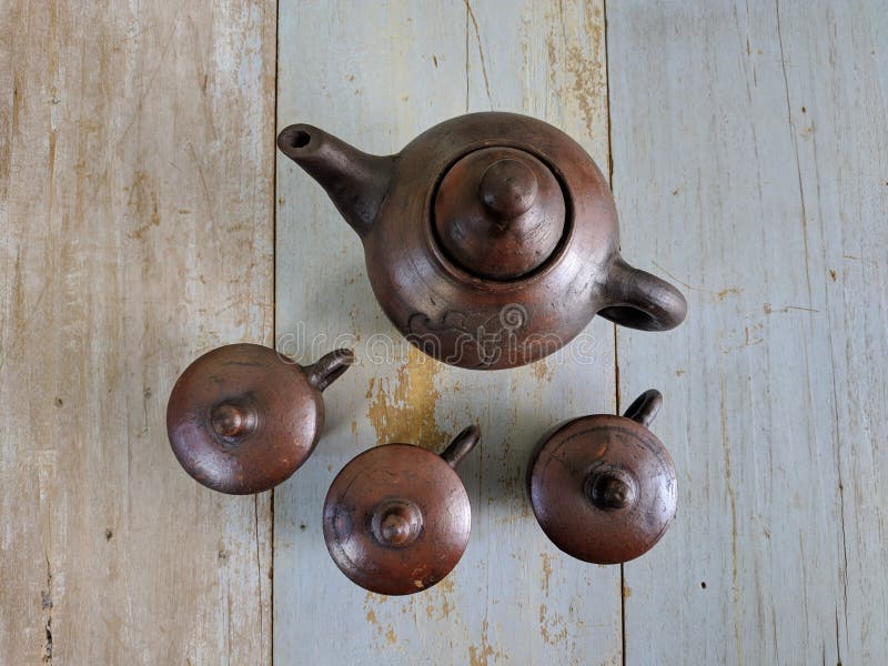 Traditional Tea Set Made from Clay, Pottery Kettle and Ceramic Pot Cups ...
