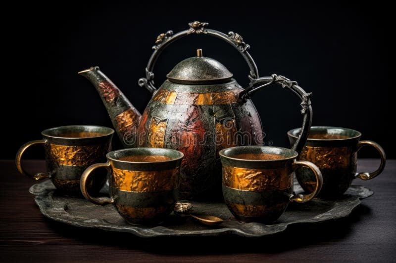 Traditional Tea Set with Teapot, Cups, and Tea Leaves Stock ...