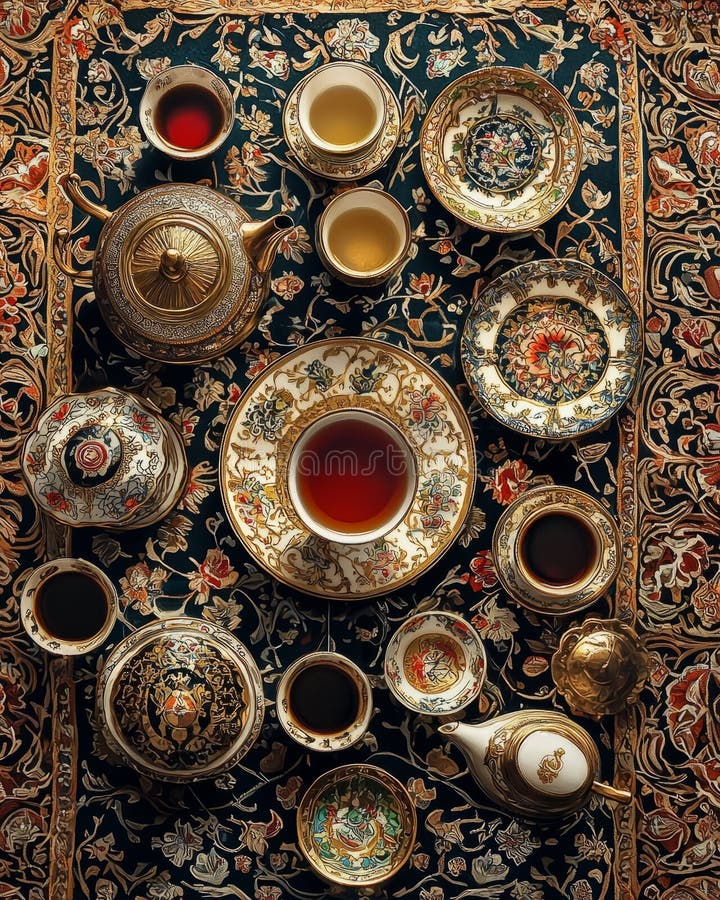 Traditional Tea Sets and Cups with Intricate Patterns Collection Stock ...
