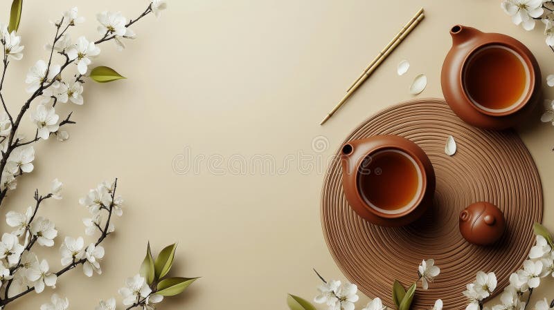 Traditional Tea Setting with Teapot and Cups Surrounded by Blooming ...