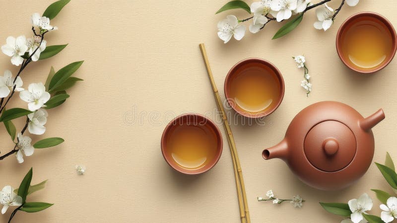 Traditional Tea Setting with Teapot and Cups Surrounded by Blooming ...