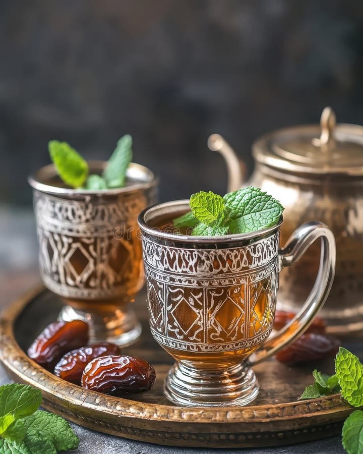 A Traditional Tea Setup Featuring Ornate Cups, Dates, and Fresh Mint ...