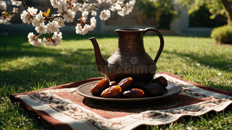 Serene Springtime Picnic: Dates and Copper Pitcher on Grass Stock ...