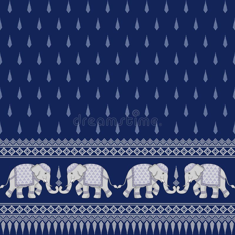 Traditional Thai Elephant Pattern with Geometric Ornaments on Deep Blue ...
