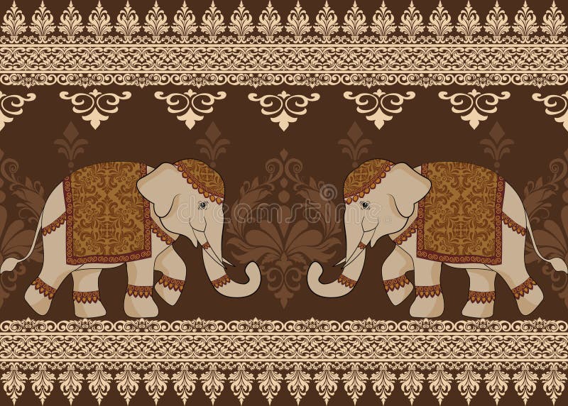 Traditional Thai Elephants with Brown Pattern in Seamless Vector Design ...