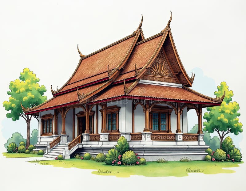 Traditional Thai House Architectural Design Stock Illustration ...