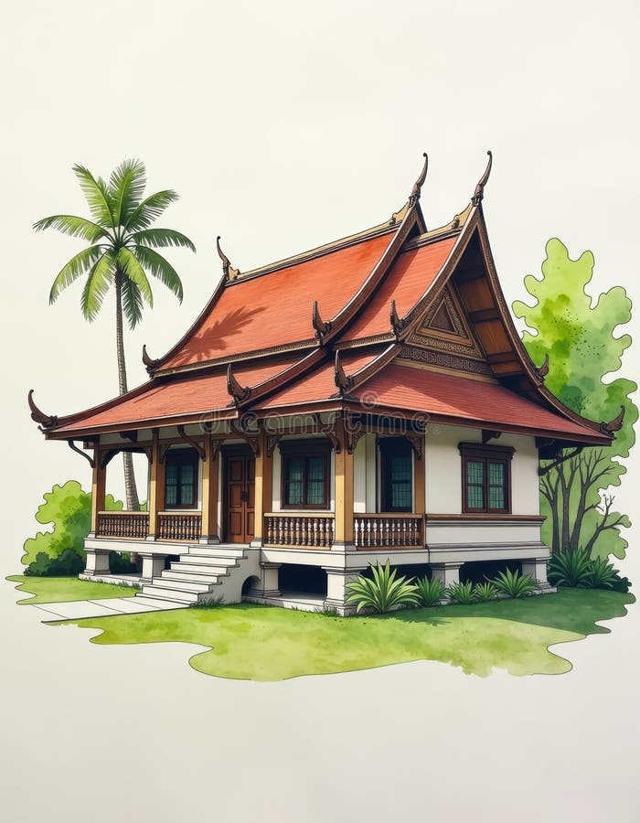 Traditional Thai House Architectural Illustration Stock Illustration - Illustration of resort ...